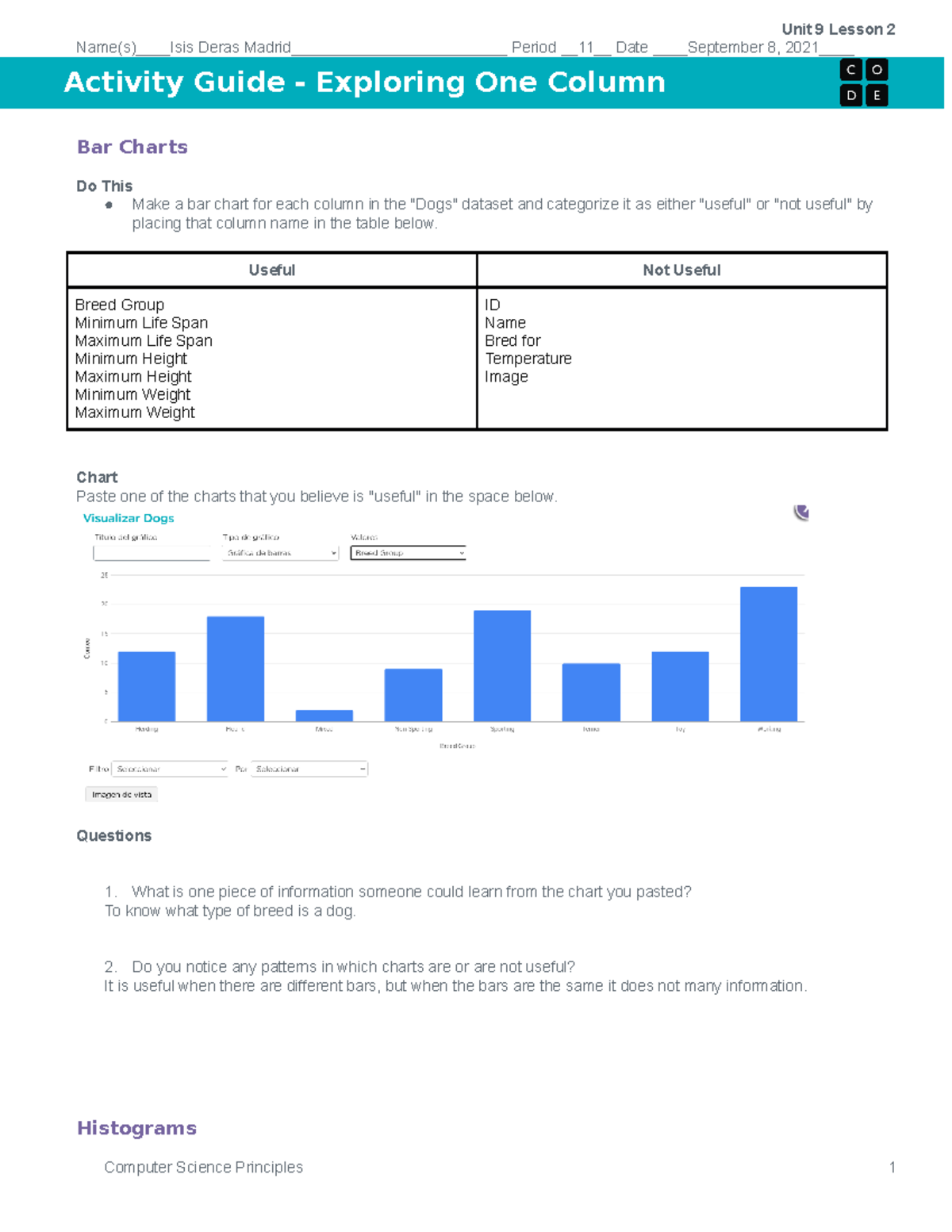 Activity Guide - Exploring One Column - Unit 9 Lesson 2 . isisderazr ...