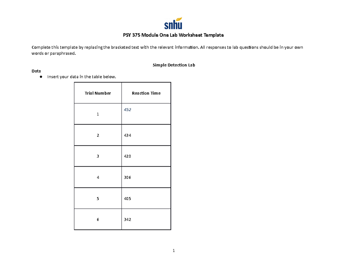 Lab sheet psy 375 module one - PSY 375 Module One Lab Worksheet ...