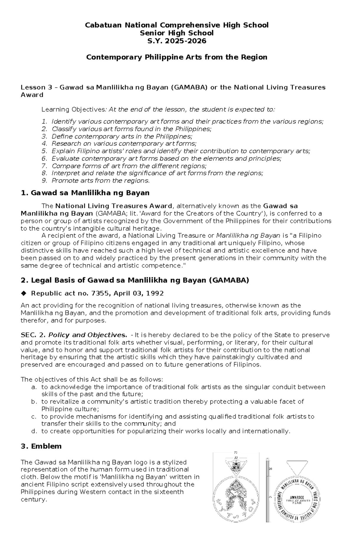 CPAR S.Y. Lesson 3: Gawad sa Manlilikha ng Bayan Overview - Studocu