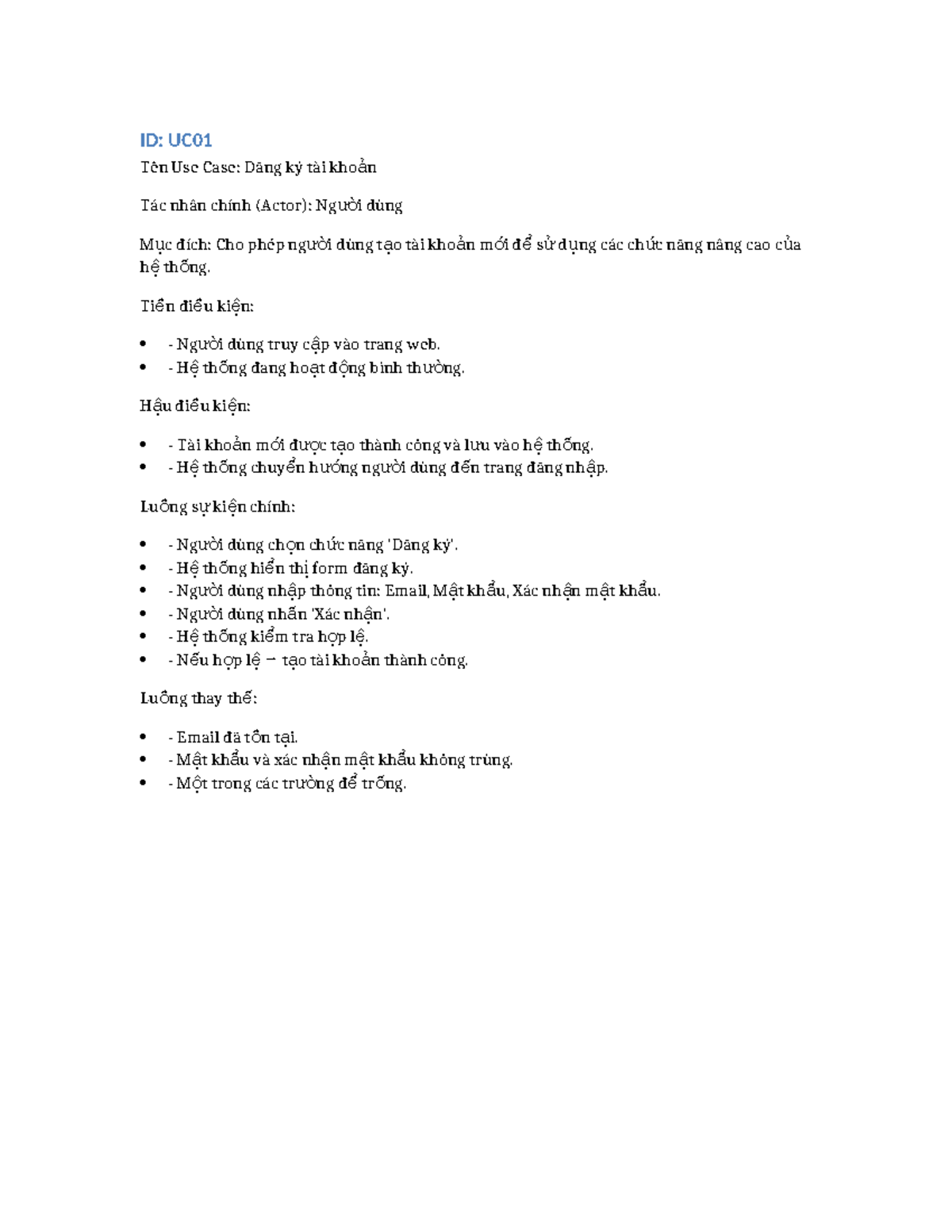 Use Case UC01: Đăng Ký Tài Khoản - Dac Ta Form Sơ Đồ - Studocu