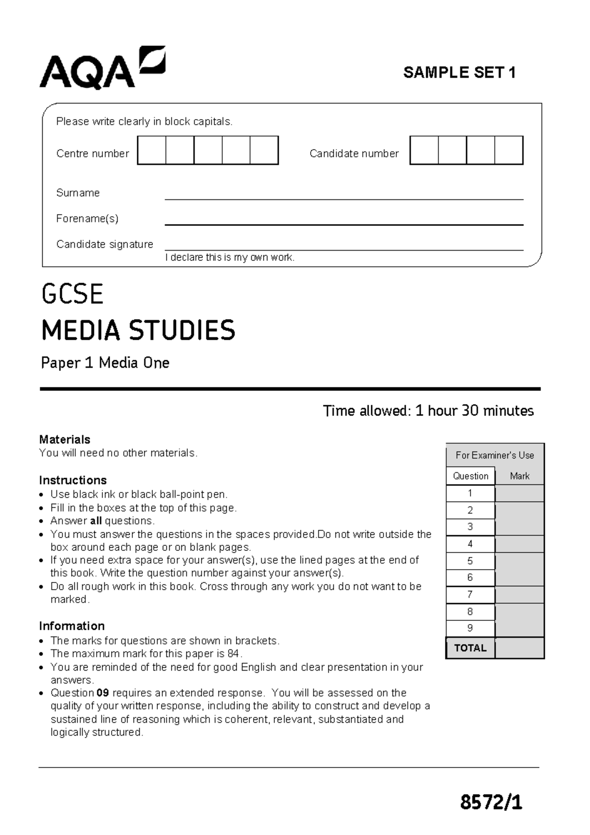GCSE MEDIA STUDIES Paper 1 Sample Set 1 Exam Guide - Studocu