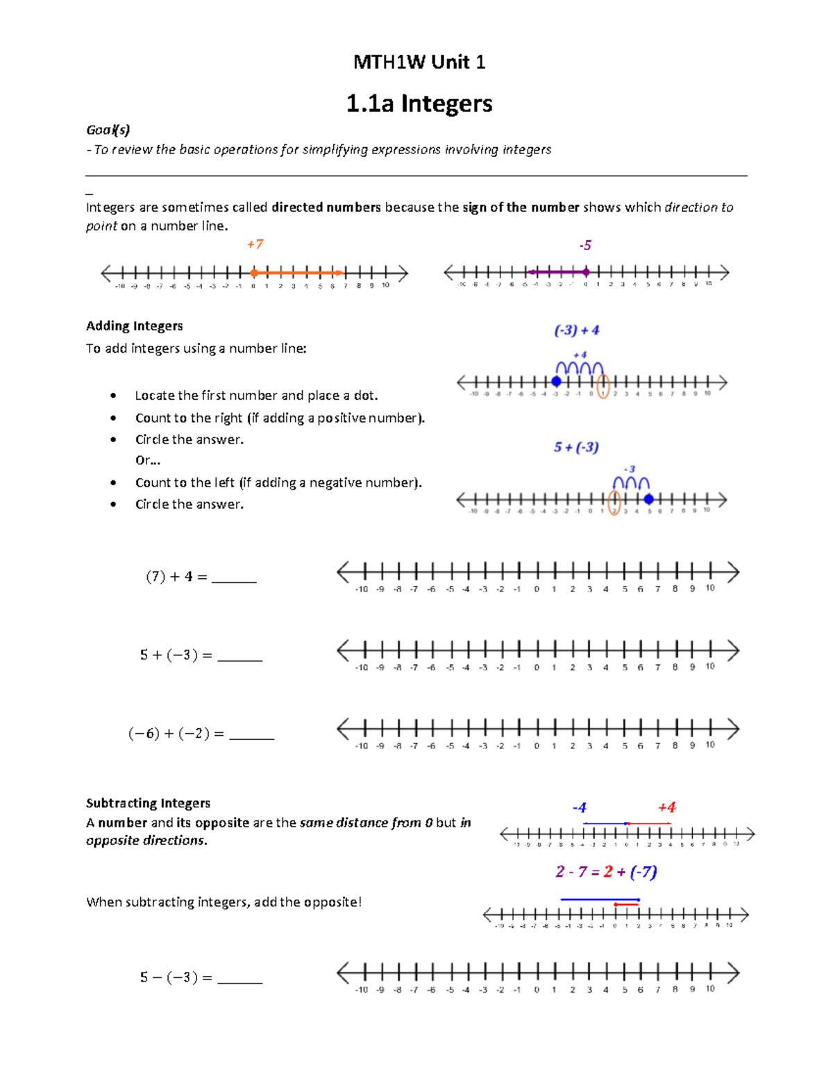 MTH1W Unit 1 Summary: Understanding Integers and Their Operations - Studocu