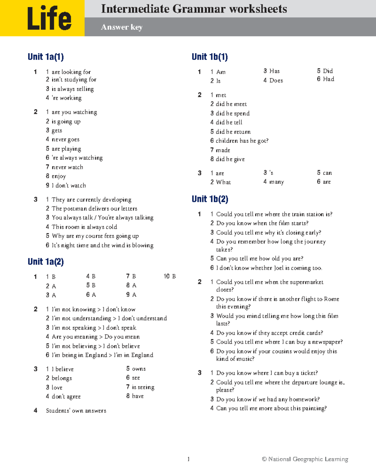 Intermediate Grammar Practice Worksheets Answer Key (Units 1-12) - Studocu
