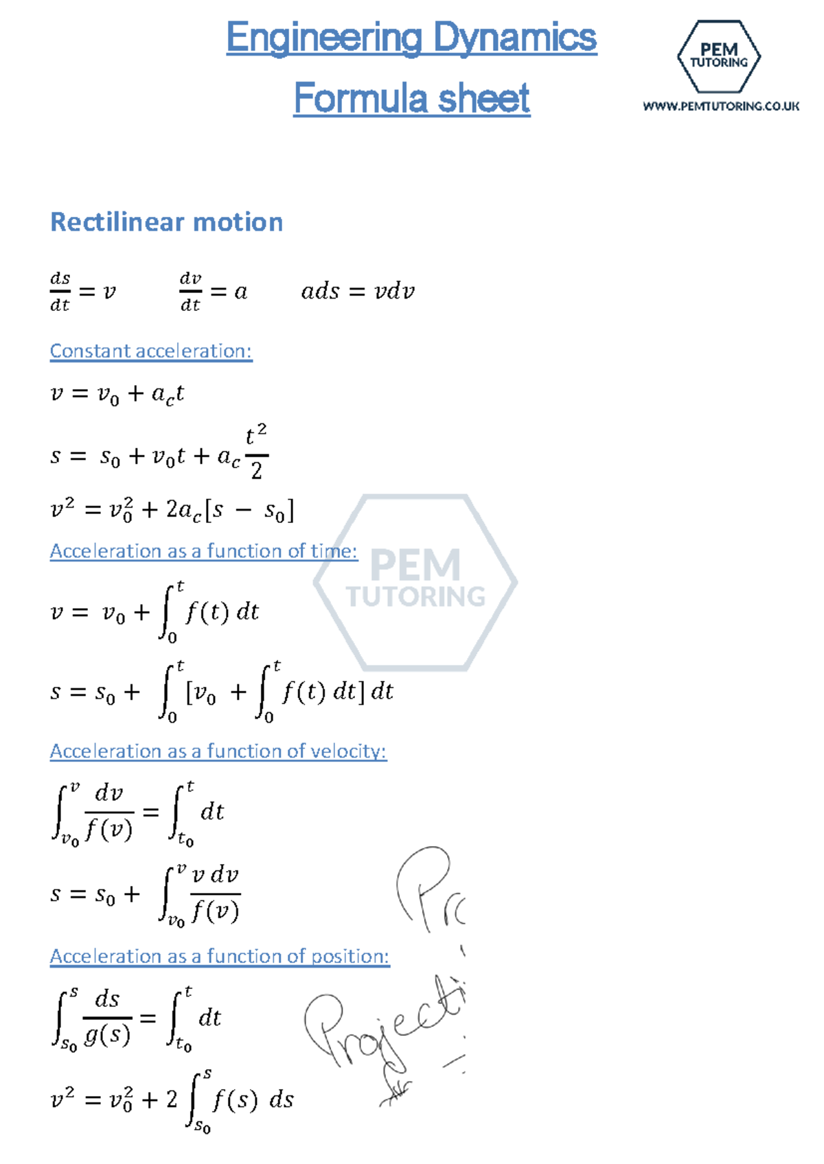 Engineering Dynamics Formula Sheet: Rectilinear Motion & Projectile ...