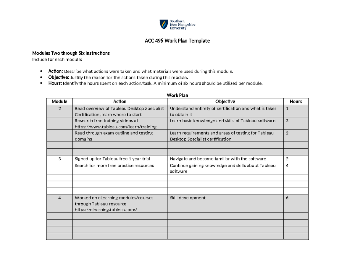 ACC 496 Work Plan: Detailed Action and Objectives Overview - Studocu