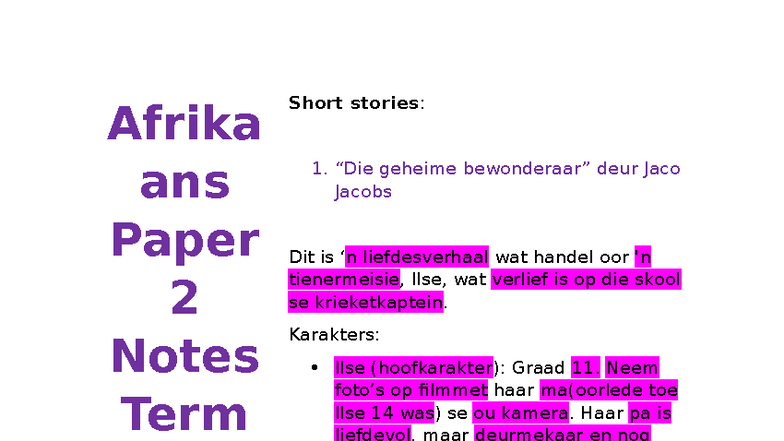 Afrikaans Notes: Paper 2 Term 4 - Short Stories & Poems Analysis - Studocu