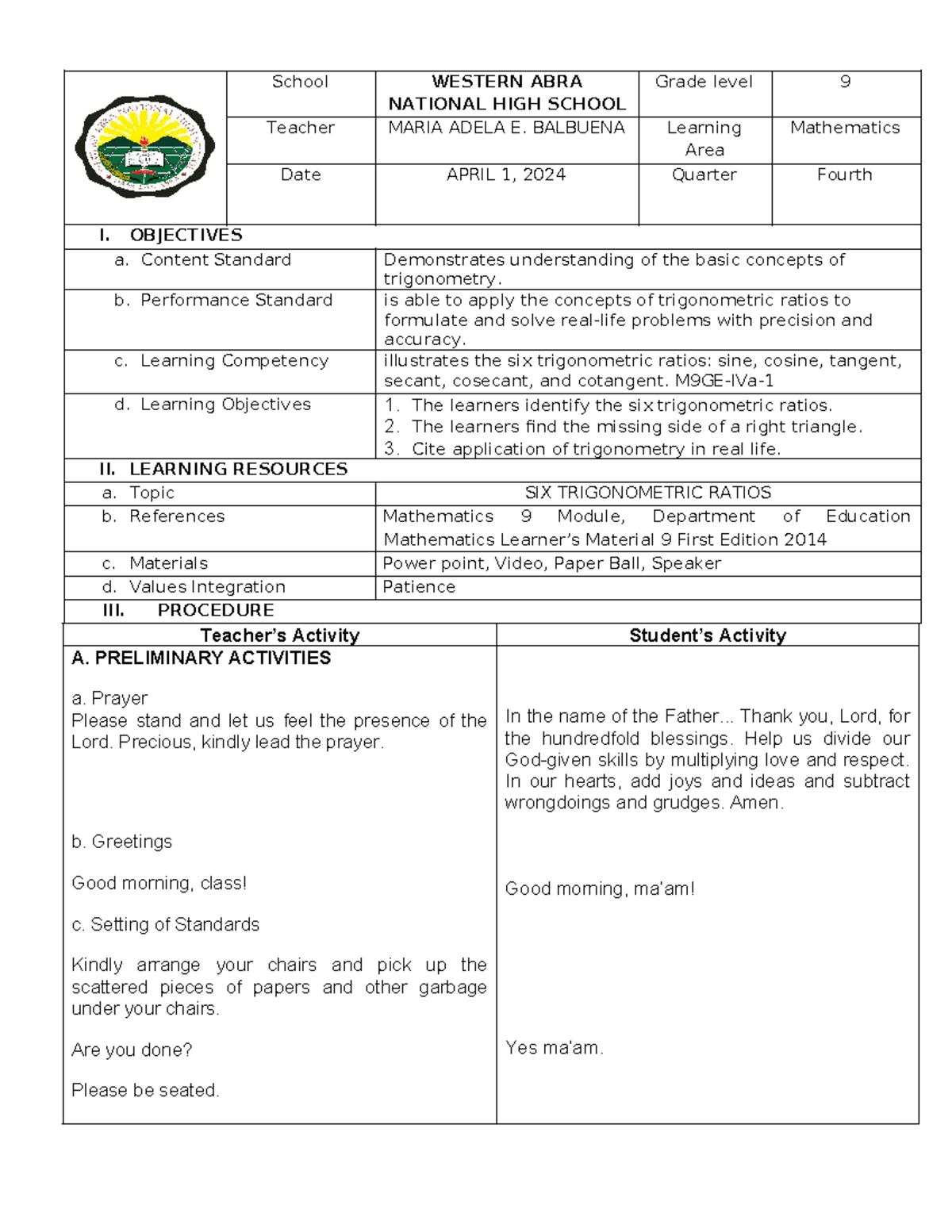 6- Trigonometric Ratios Lesson Plan (M9GE-IVa) - Studocu