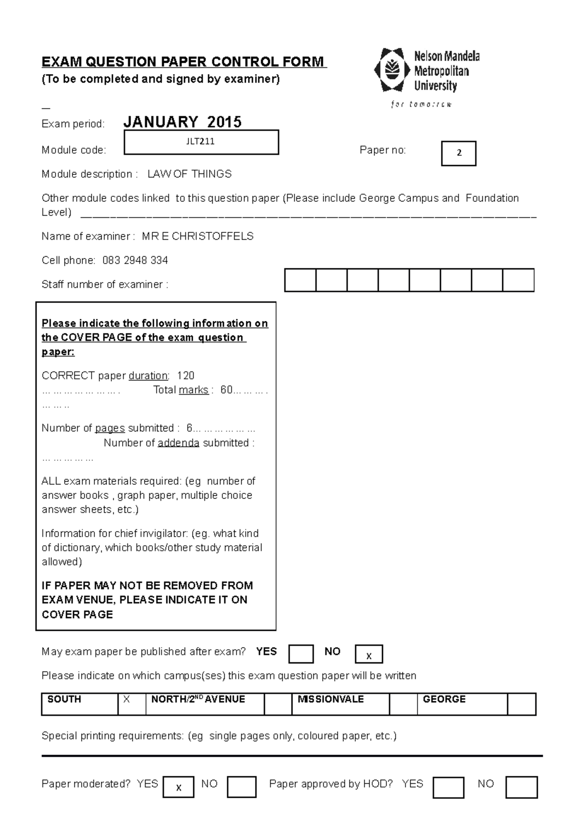 Null-6 - BRIEF OVERVIEW OF WORK - EXAM QUESTION PAPER CONTROL FORM (To ...