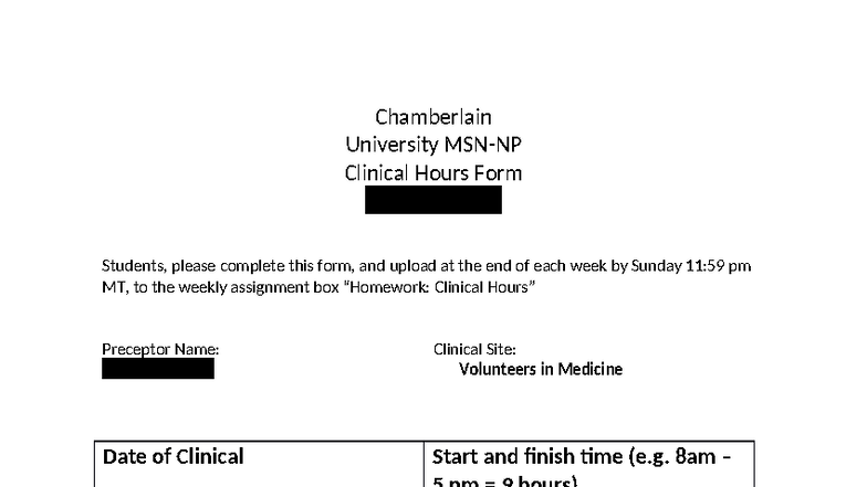 NR 602 Week 1 Clinical Hours Log Submission Form - Studocu
