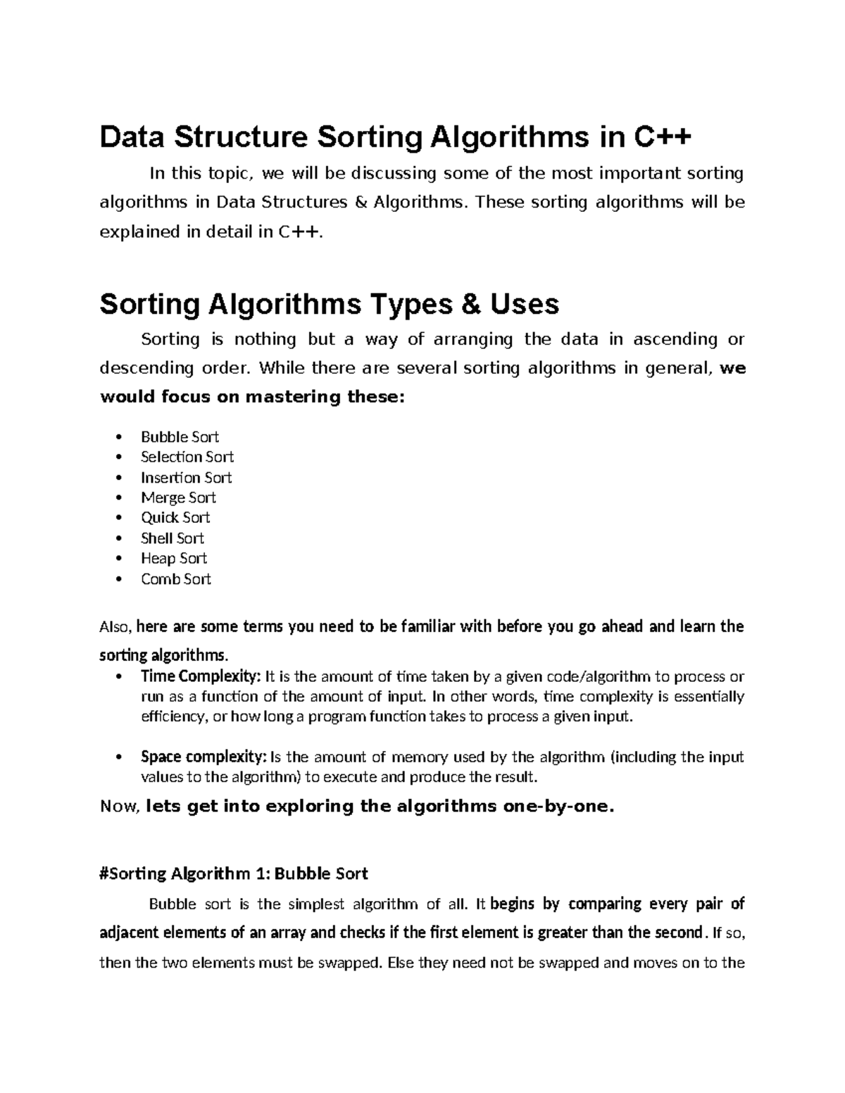 Data Structure Sorting Algorithms - These sorting algorithms will be explained in detail in C++ ...