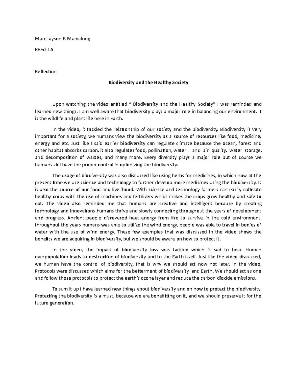 Manialong, Marc Jayson F. BEEd-1A Biodiversity Reflection - Marc Jayson ...