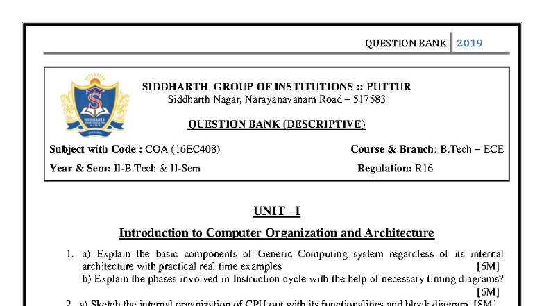 COA (16EC408) Question Bank - Computer Organization & Architecture ...
