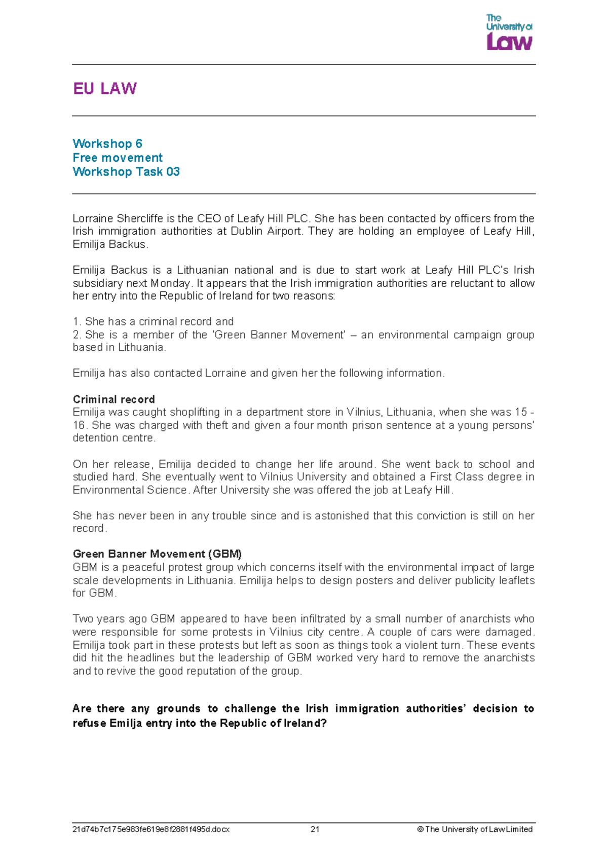 EU LAW WS06 Task 03: Free Movement & Immigration Case Study - Studocu