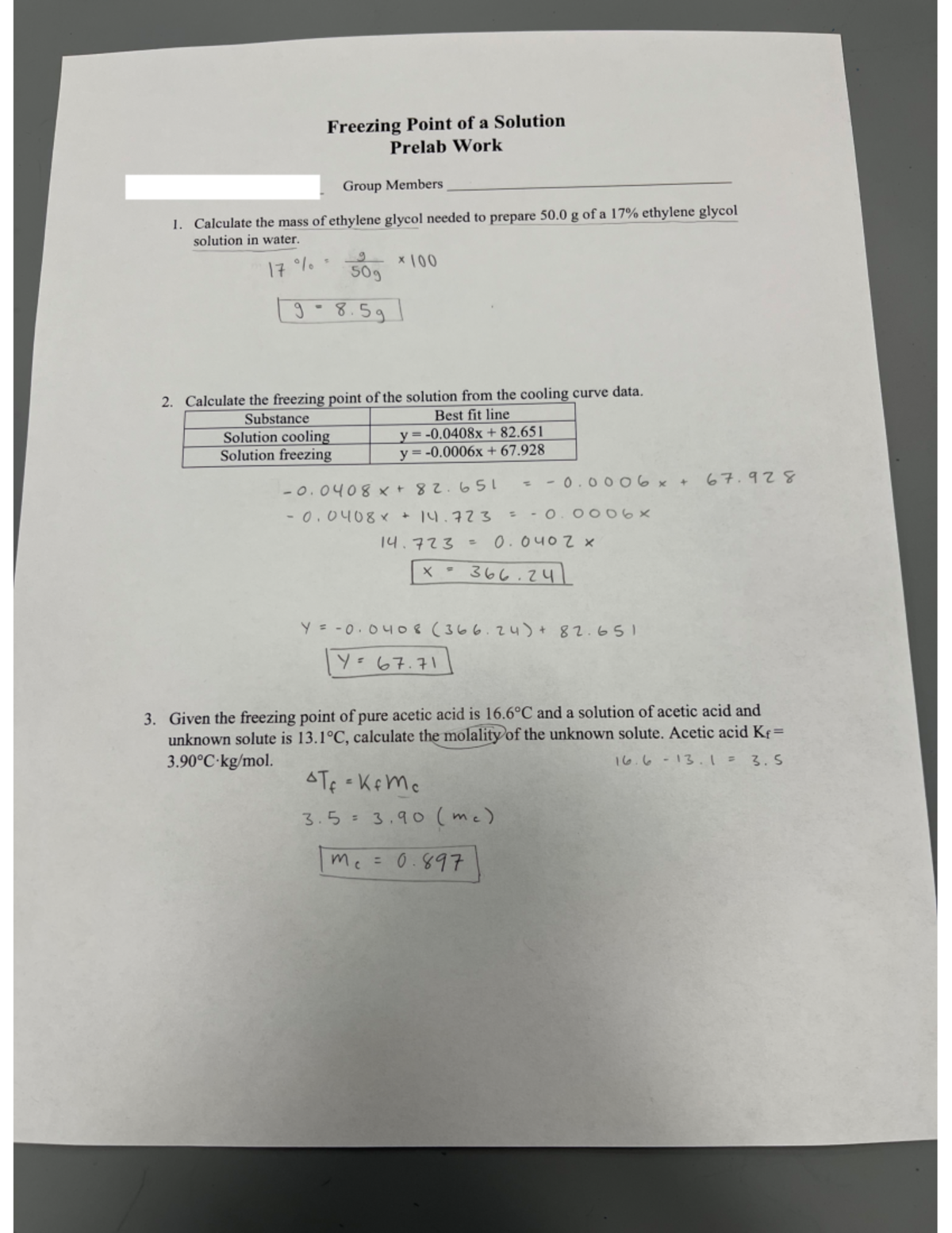 Freezing Point of a Solution Prelab Work (C3616) and Calculations - Studocu