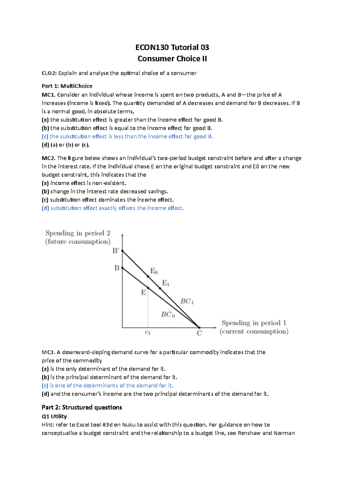 ECON130 Tutorial 03: Analyzing Consumer Choice and Utility Concepts ...