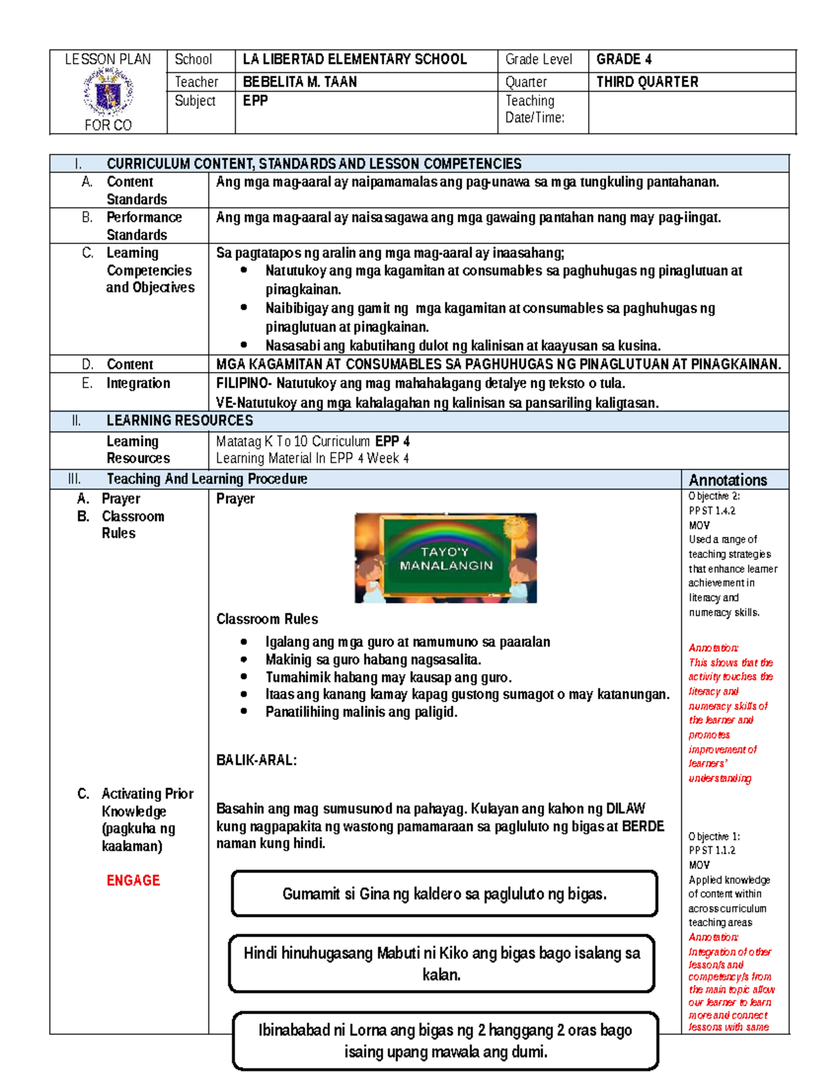 EPP 4 Lesson Plan for Grade 4: Paghuhugas ng Pinagkainan - Studocu