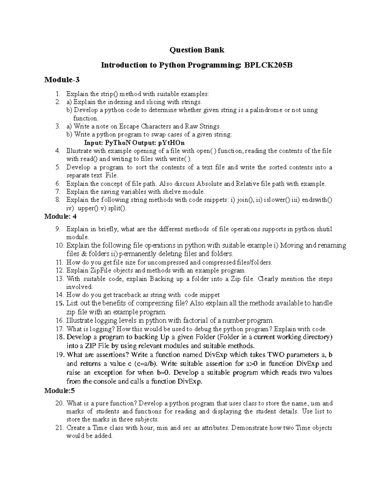 Question Bank for Python Programming: BPLCK205B, Modules 3 to 4 - Studocu