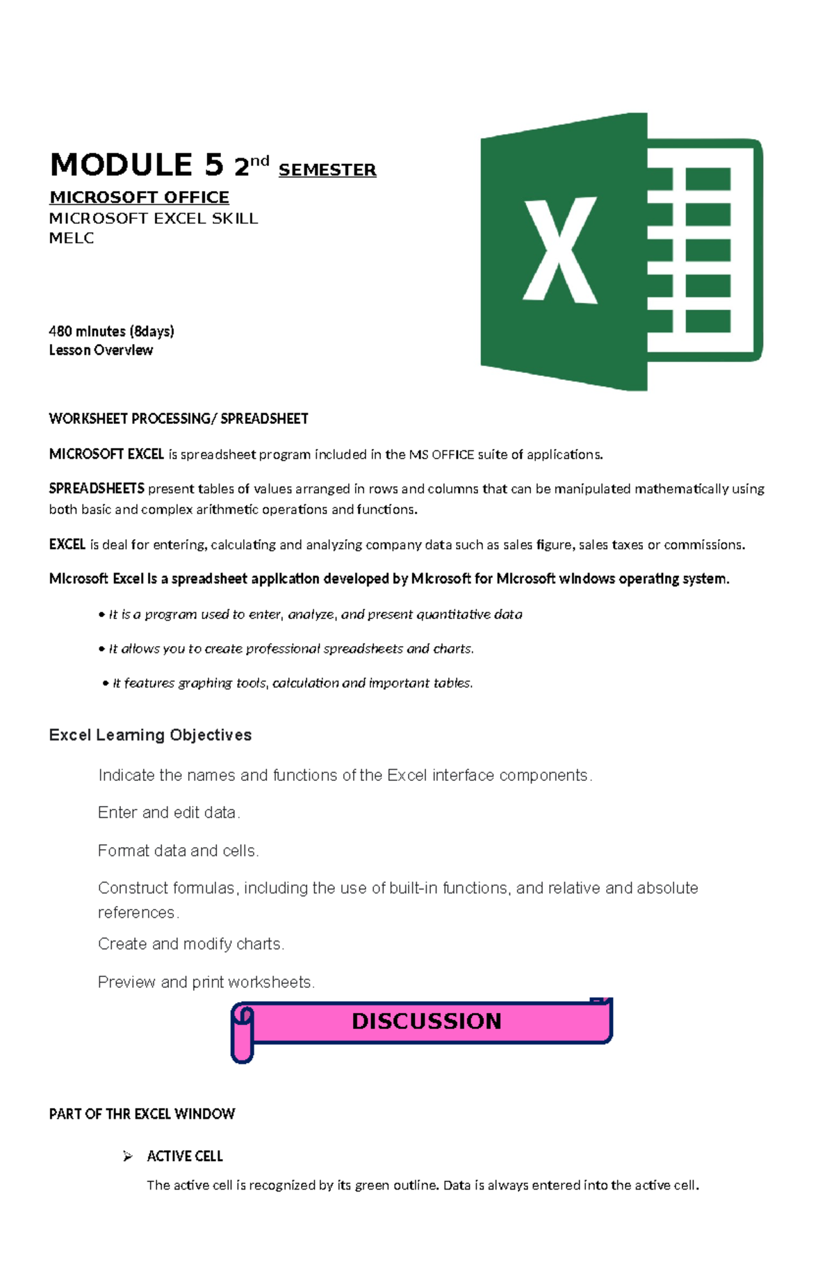 E TECH Module 5 Excel Processing - DISCUSSION MODULE 5 2 nd SEMESTER ...