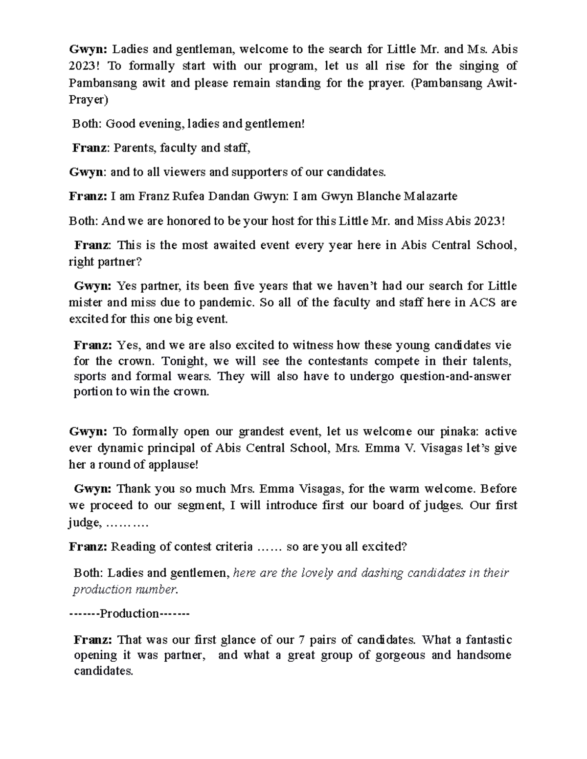 Emcee Script for Recognition Rites: Little Mr. & Ms. Abis 2023 - Studocu