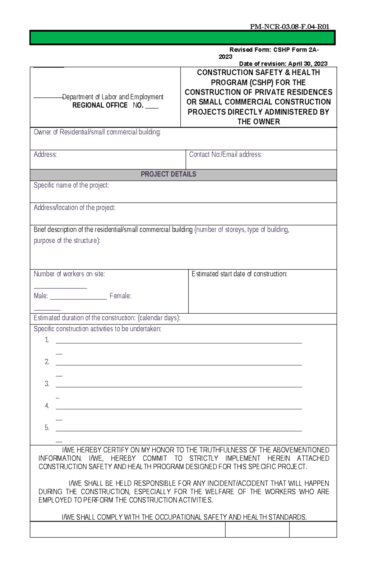 FORM2A 1 - dole form - PM-NCR-03.08-F-R Revised Form: CSHP Form 2A ...