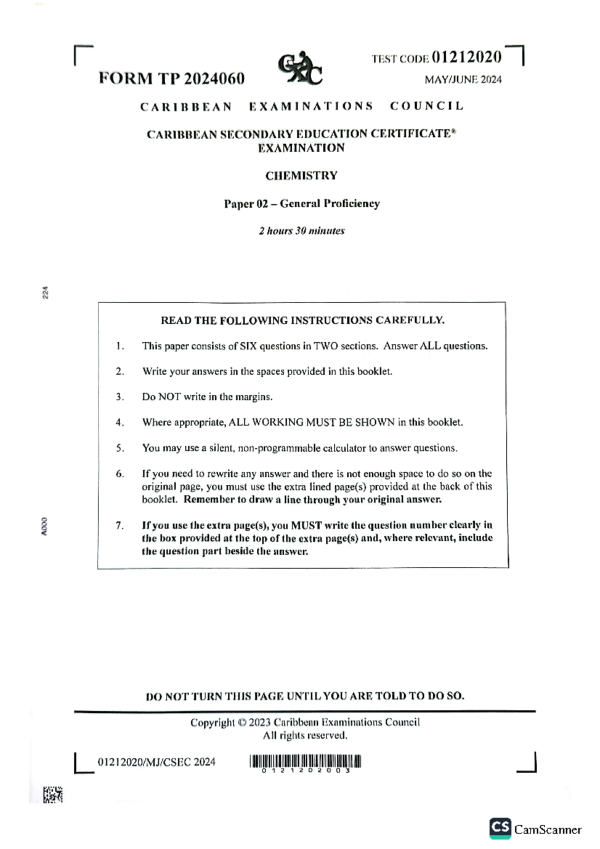 Chemistry Paper 2 CSEC June 2024 Study Guide and Review - Studocu