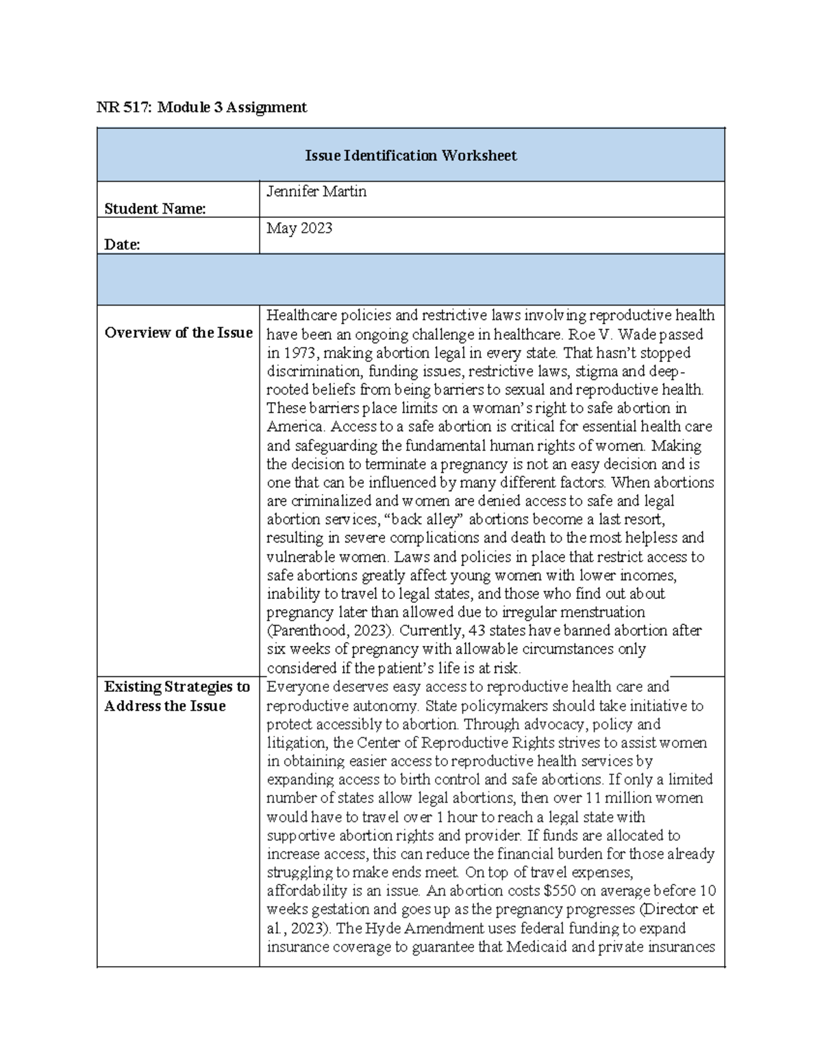 J.Martin Issue Identification - NR 517: Module 3 Assignment Issue ...