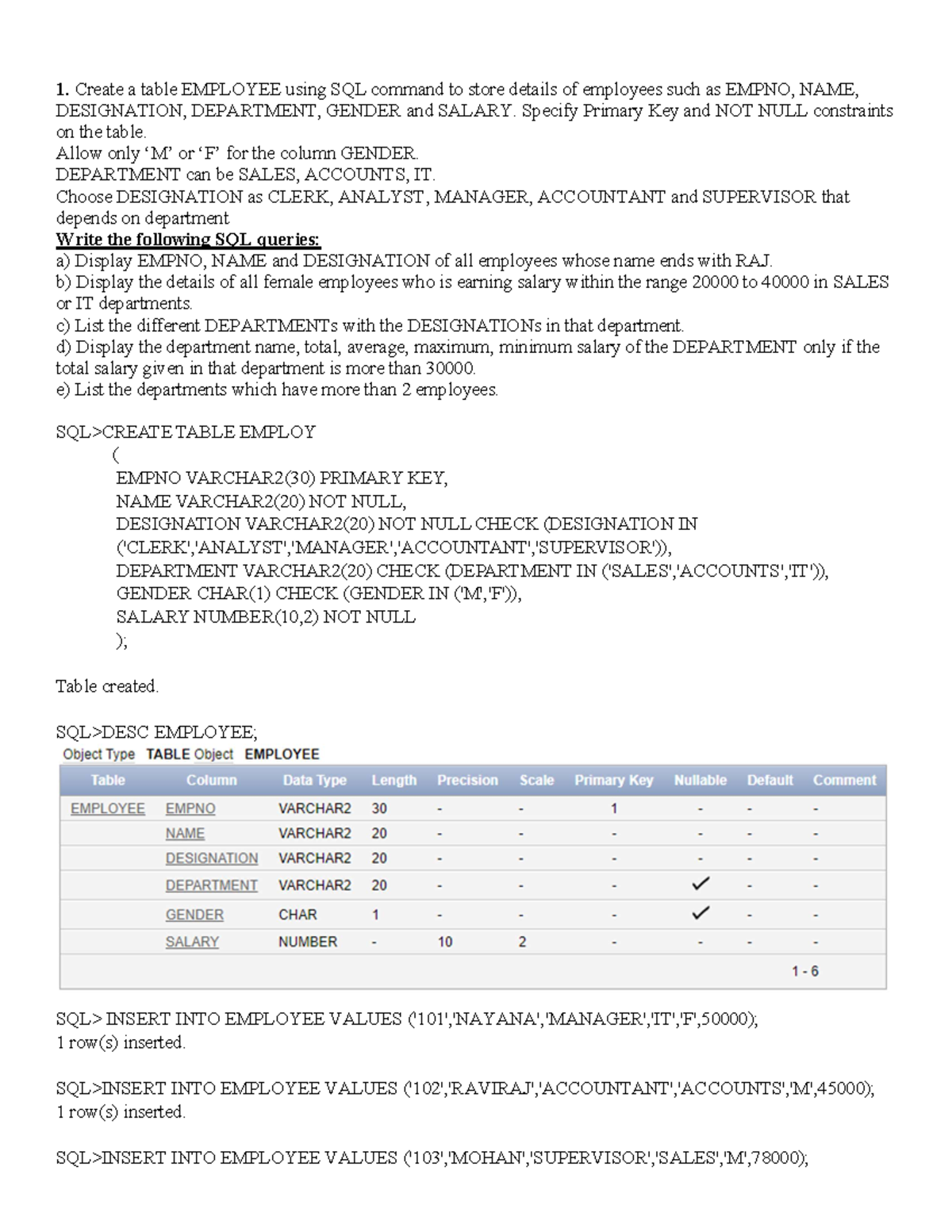DBMS LAB 1 - Employee Table Creation and SQL Queries - Studocu