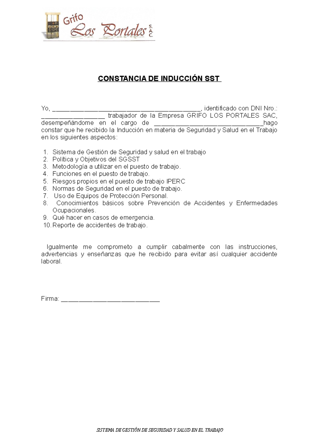 Certificado de Inducción SST - Grifo Los Portales SAC - Studocu