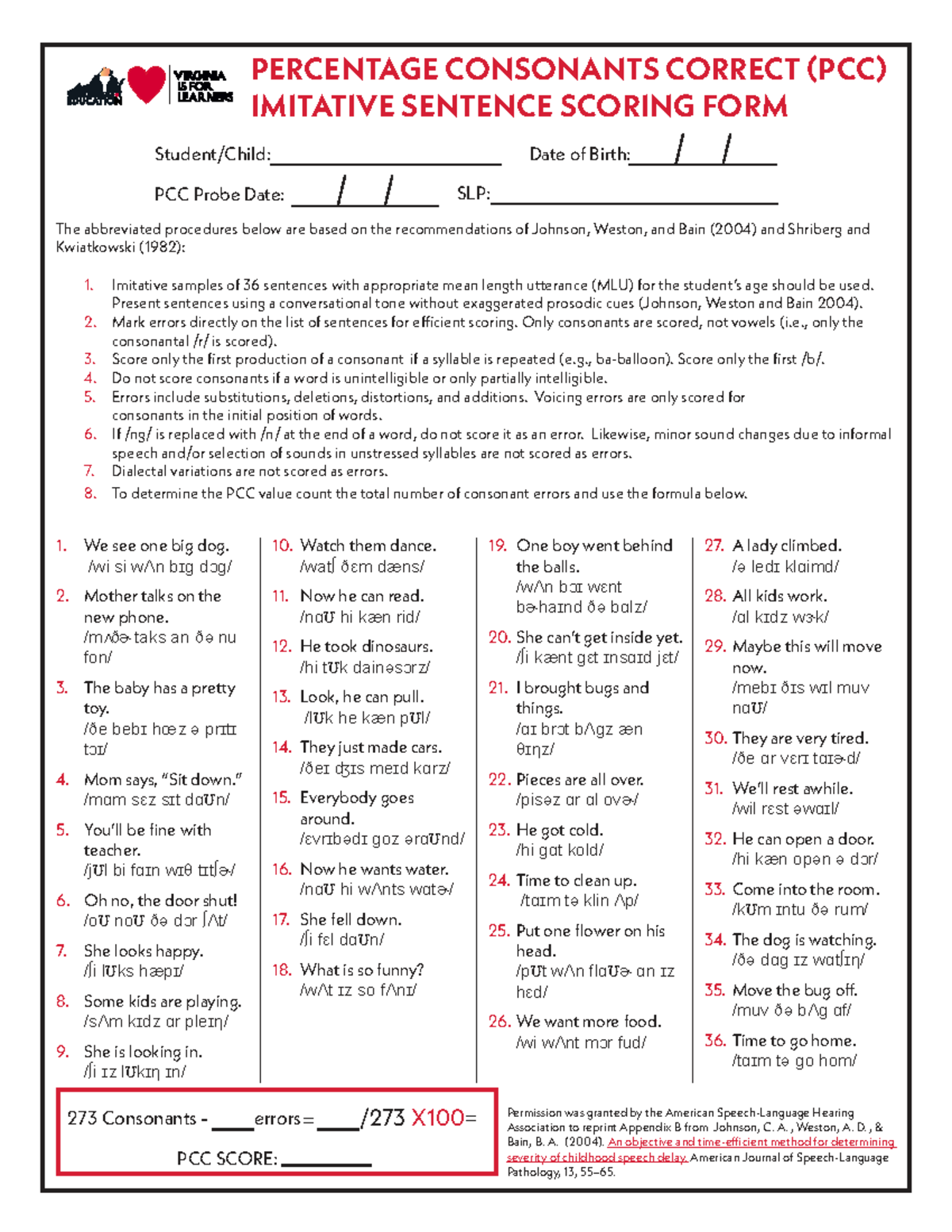 PCC Imitative Sentence Scoring Form: Guidelines & Examples - Studocu