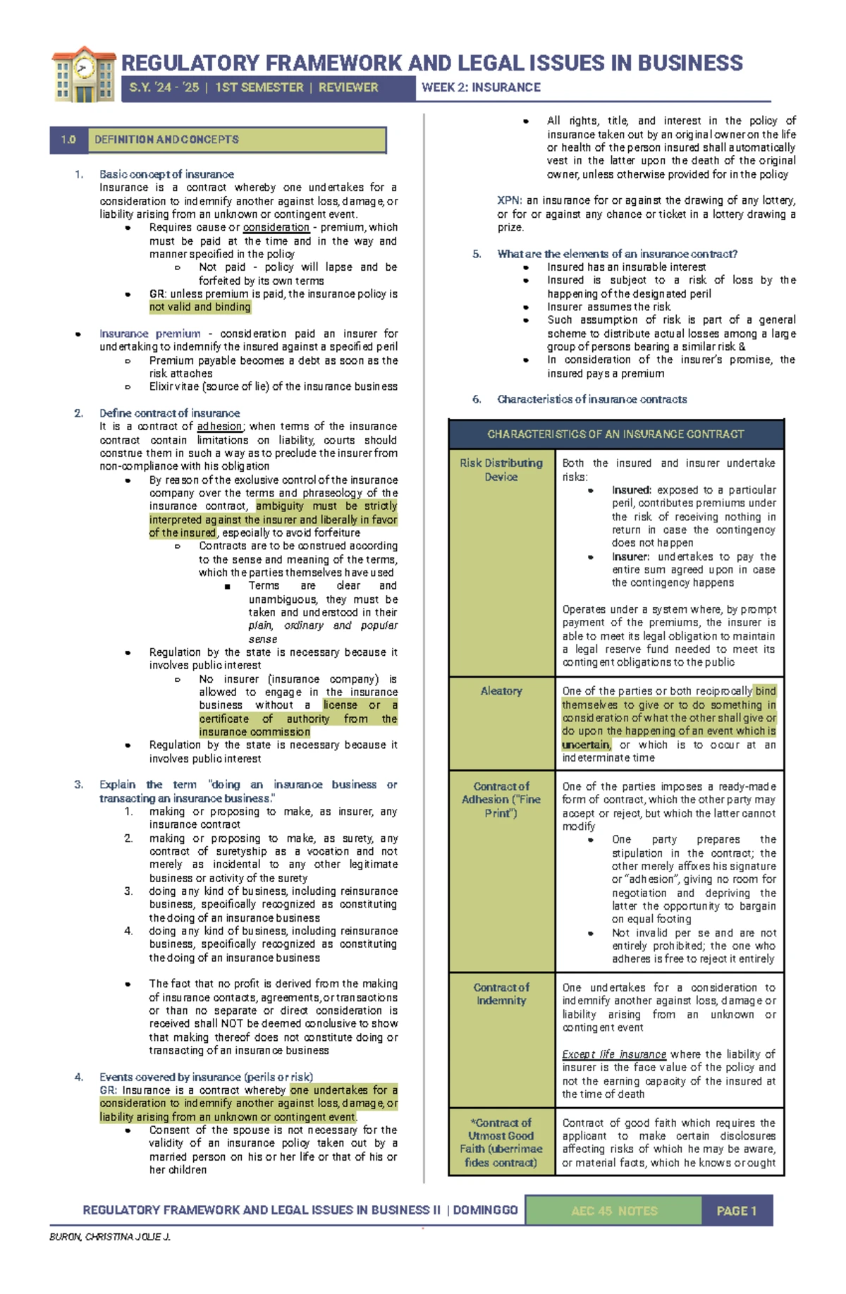 M2 - Insurance CODE - S. ‘24 - ‘25 | 1ST SEMESTER | REVIEWER WEEK 2 ...