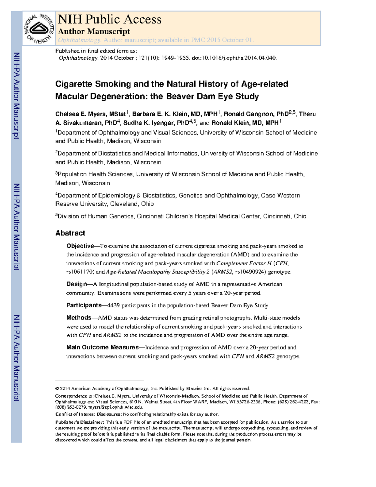 Cigarette Smoking and AMD Progression: Insights from the Beaver Dam Eye ...