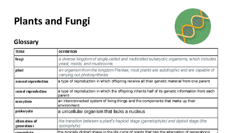 Guided Notes - Plants and Fungi Glossary - Studocu