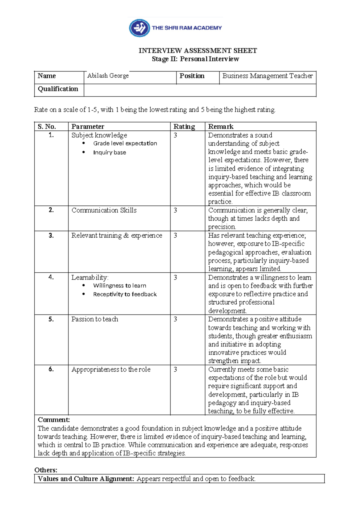 Stage II Interview Feedback Form: Assessment of Abilash George - Studocu