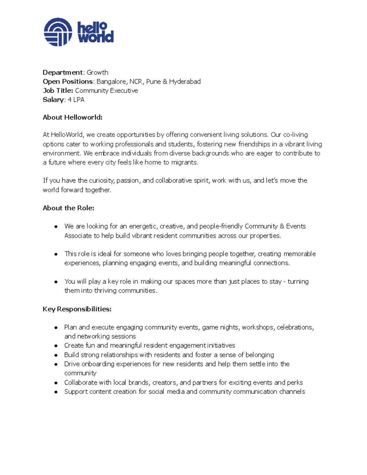 Community Executive - Job Description for Helloworld - Studocu