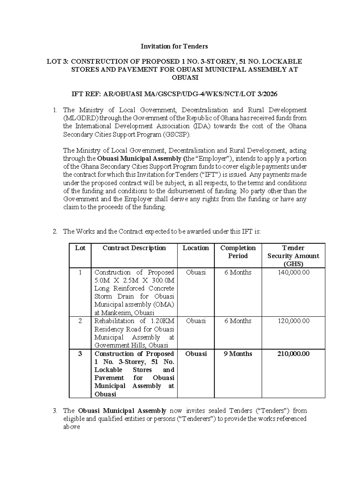 Invitation for Tenders: Lot 3 - Construction of Lockable Stores at ...