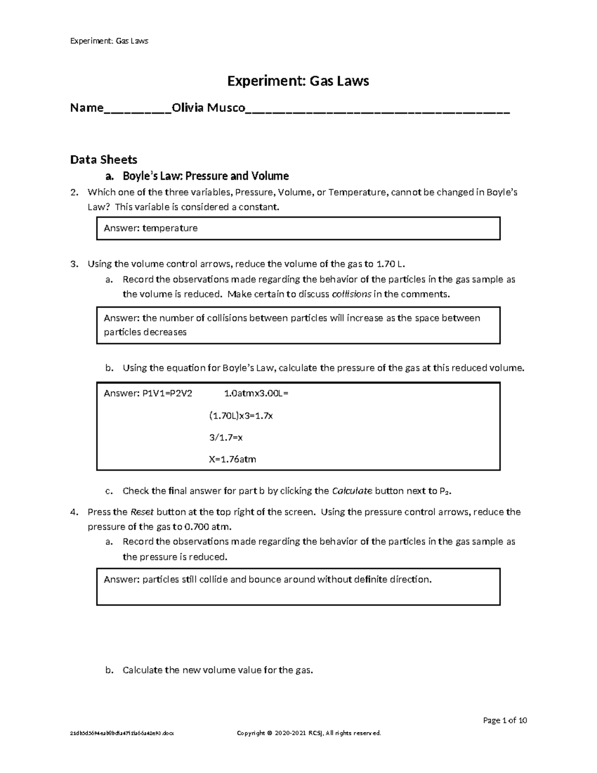 Lab 10: Gas Laws Experiment Data Sheets and Observations - Studocu