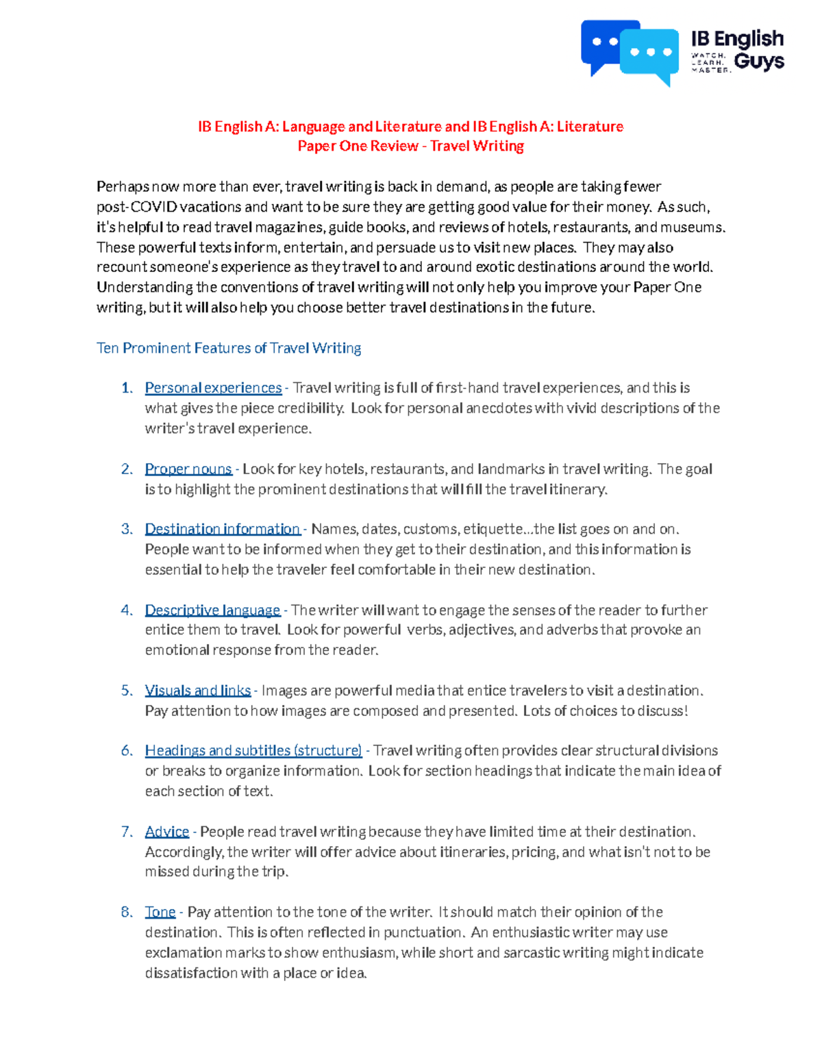 IB English A: Language and Literature - Travel Writing Conventions ...