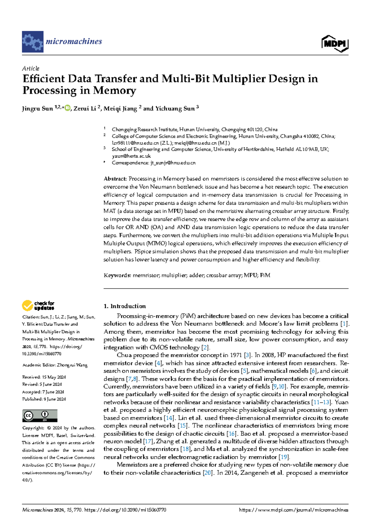 Efficient Data Transfer and Multiplier Design in PiM (Micromachines ...