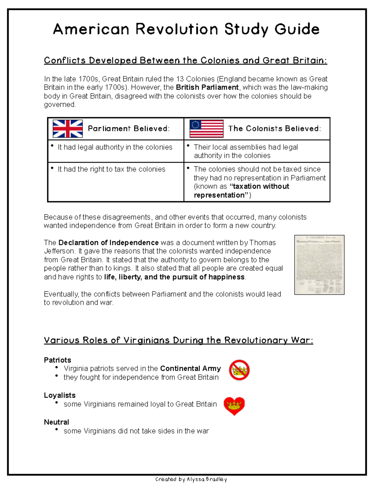 Virginia in the American Revolution Study Guide and Review Worksheet ...