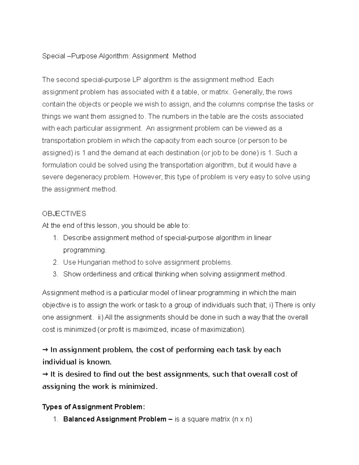 Assignment-Method - Man Sci - Special –Purpose Algorithm: Assignment Method The second - Studocu