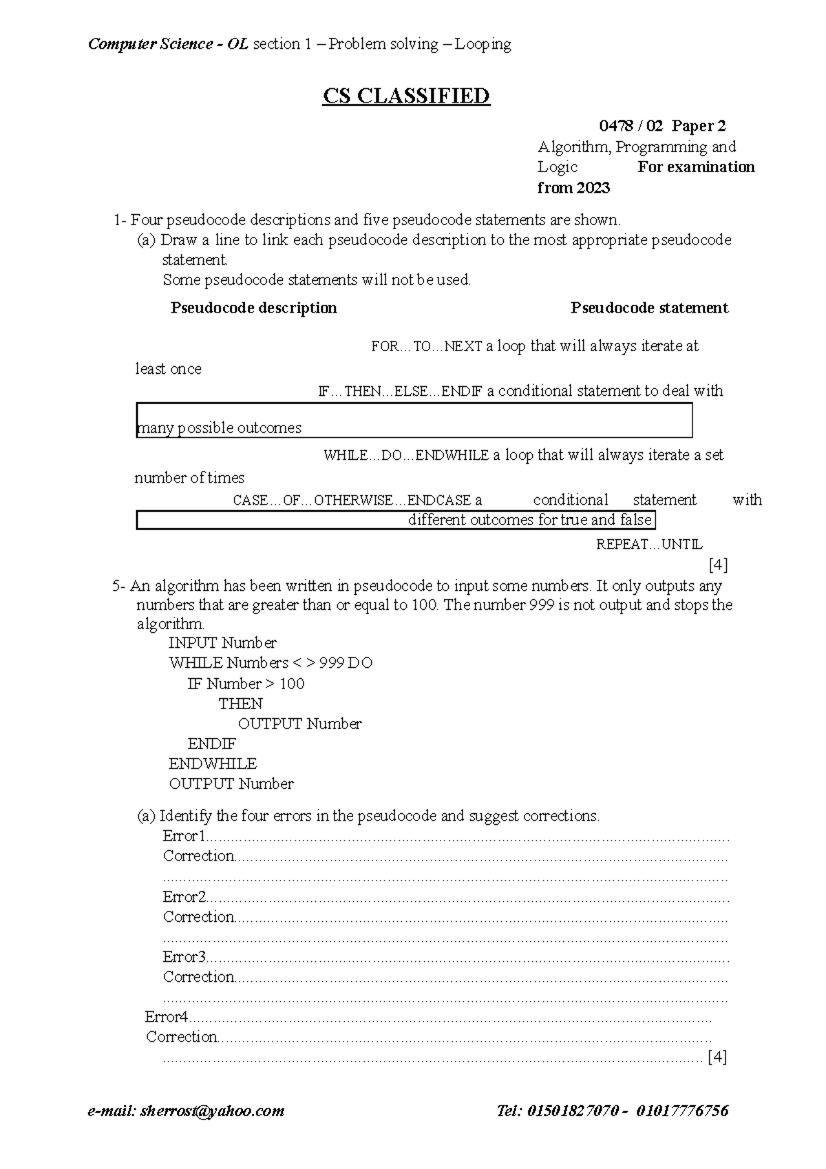 IGCSE 0478/02 Paper 2 Algorithm and Pseudocode Problem Solving Guide - Studocu