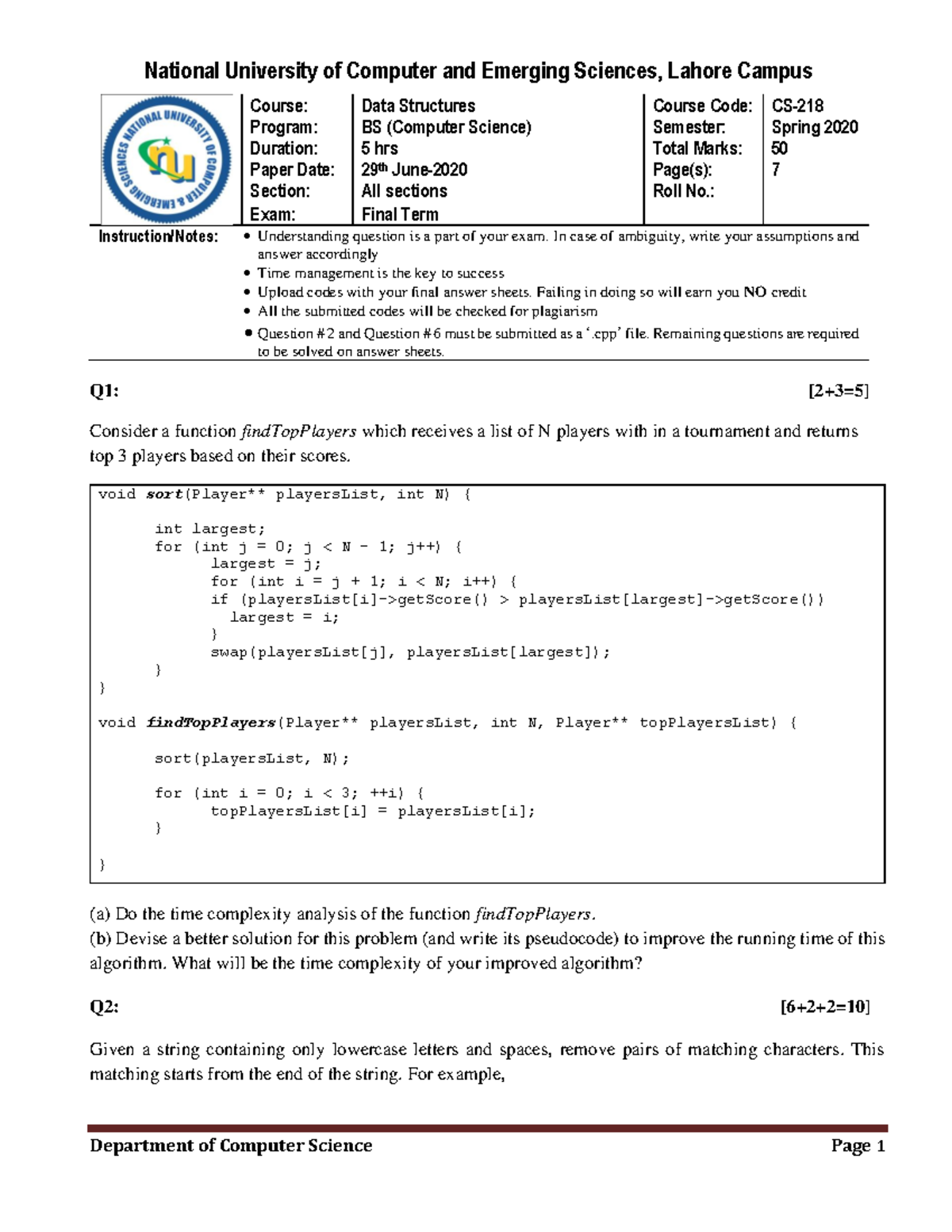 CS218-Data Structures-Final Term Exam Questions & Solutions - Studocu