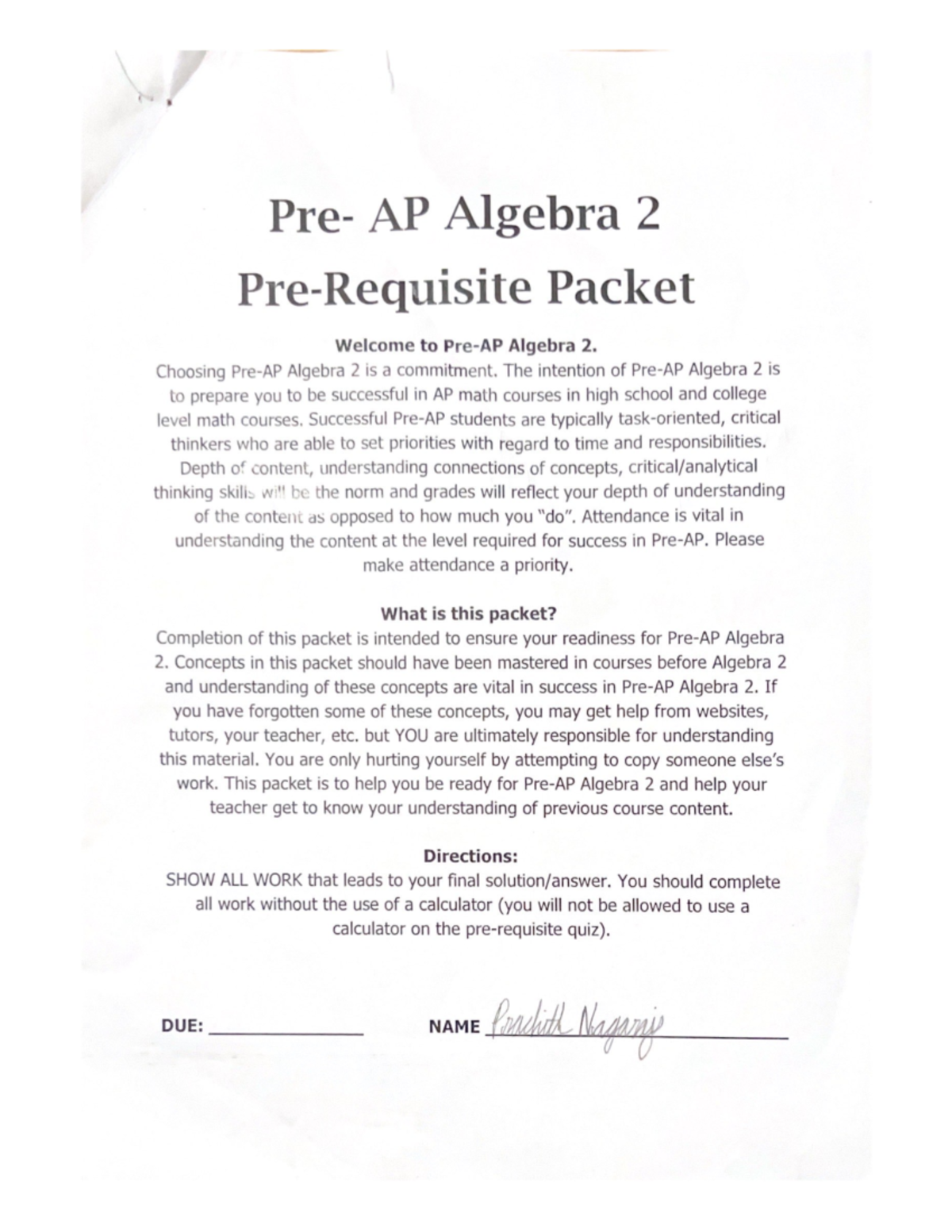 Pre-AP Algebra 2 Readiness Packet: Essential Skills Review - Studocu