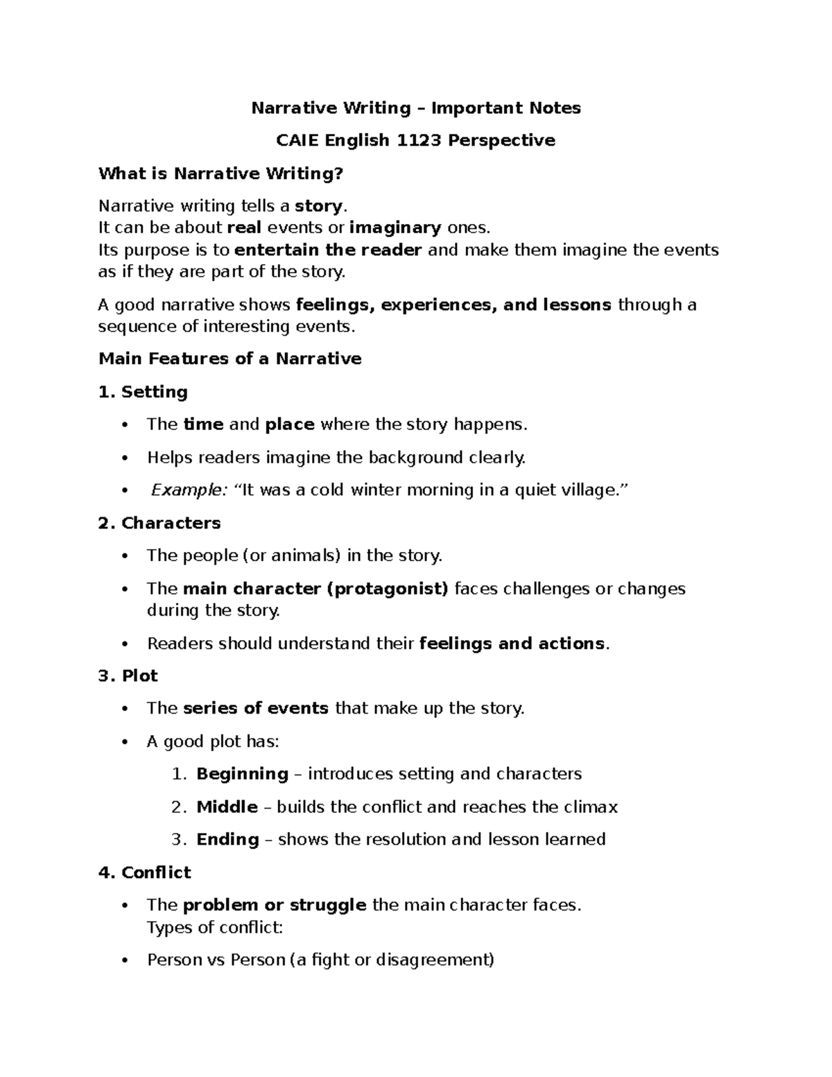 Narrative Writing Key Notes for CAIE English 1123 - Studocu
