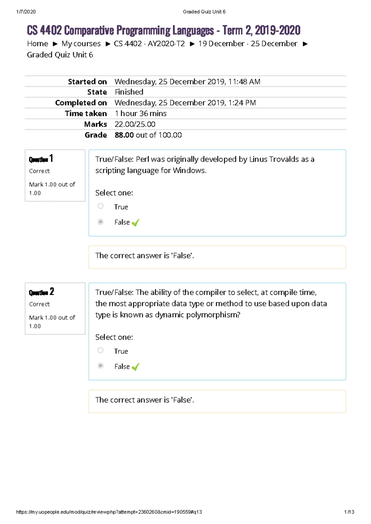 Graded Quiz Unit 6: Attempt review - CS 4402-01 Comparative Programming ...