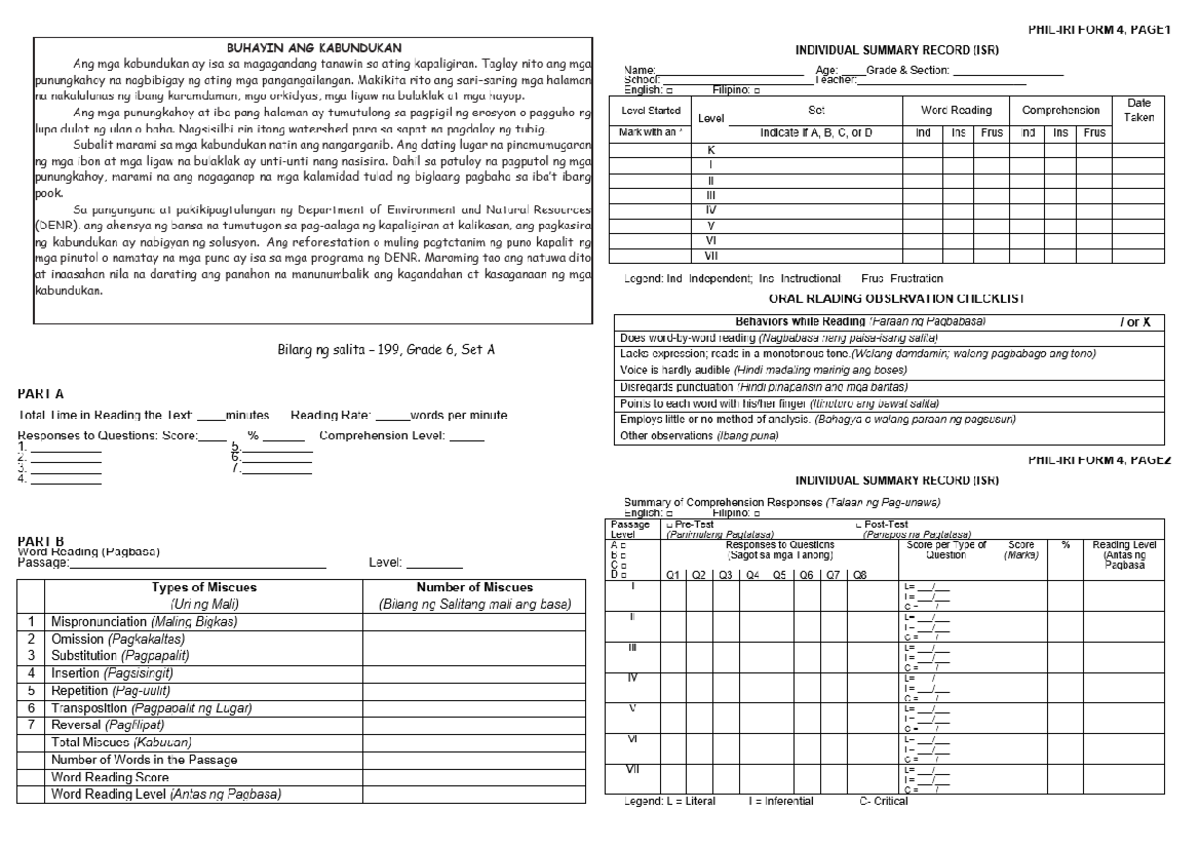 FORM 4, PAGE 1 PRE-TEST INDIVIDUAL SUMMARY RECORD (ISR) PHIL IRI - Studocu