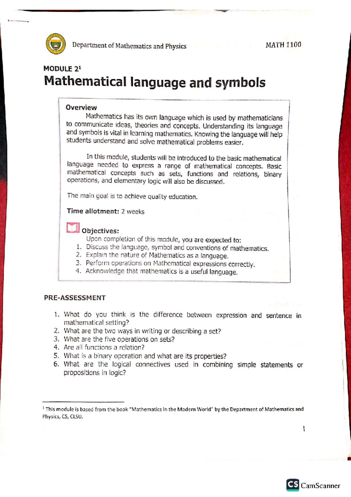 MATH 1100 MODULE 21: Overview of Mathematical Language & Symbols - Studocu