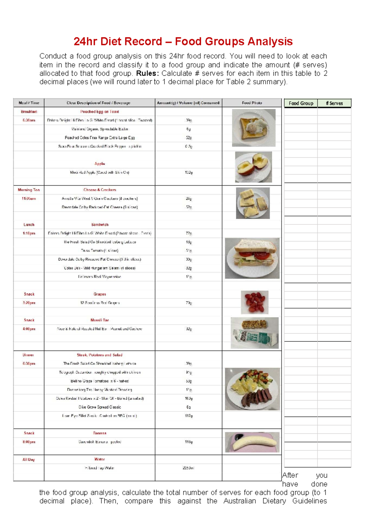 24hr Food Record Analysis: Food Groups & Serves Calculation - Studocu
