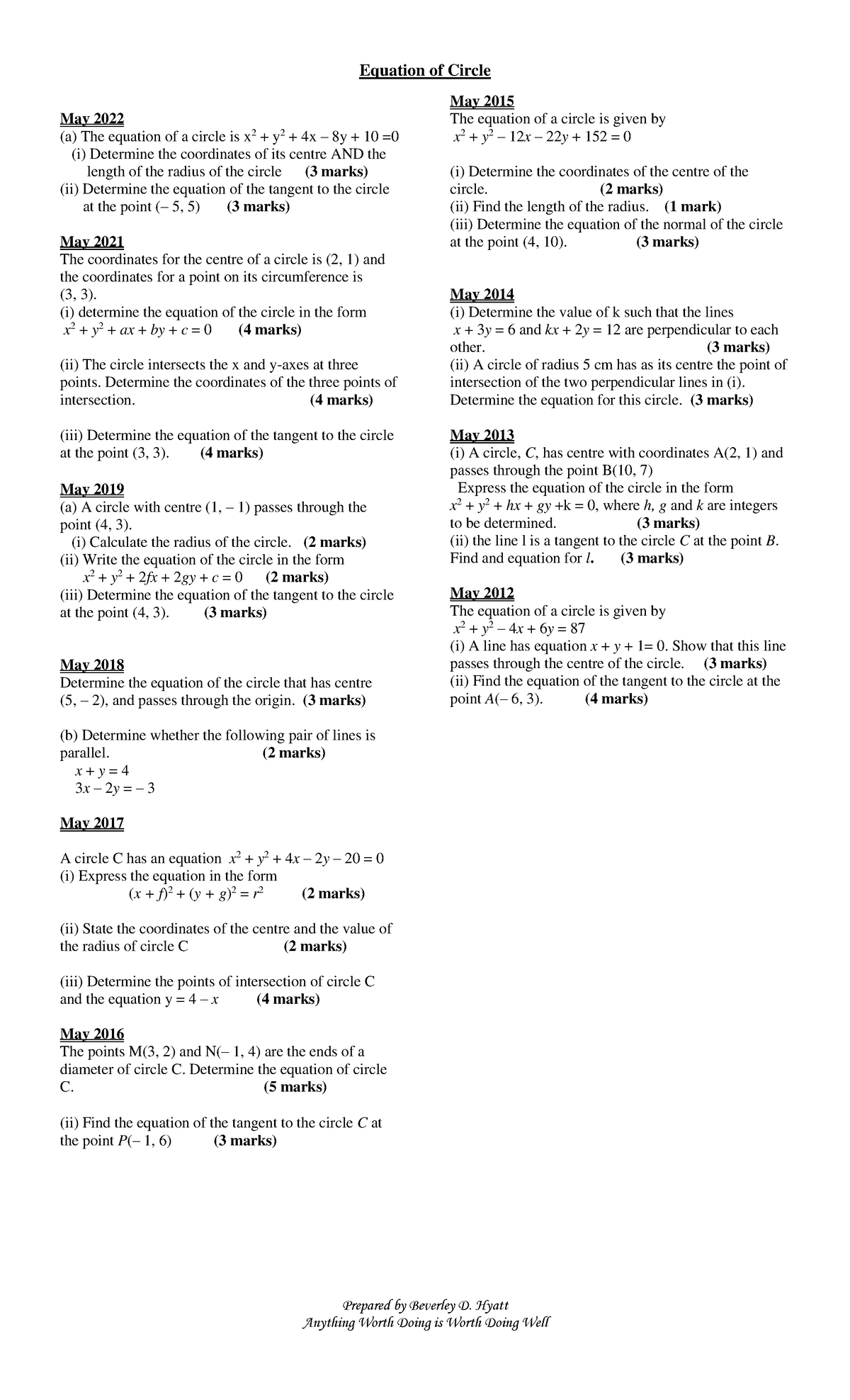 Add Math Worksheet: Equations of Circles and Tangents - Studocu