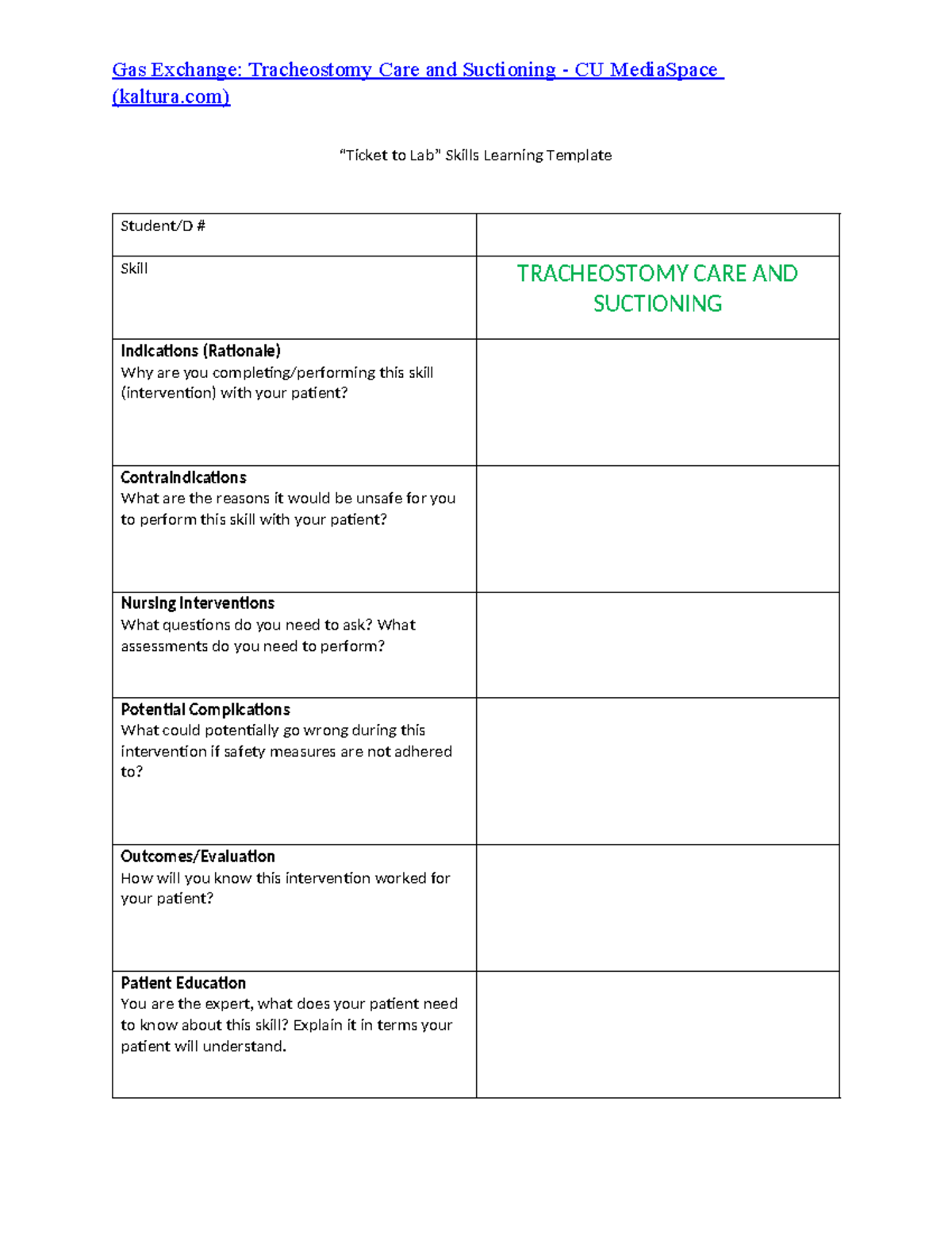 Skill Competency: Tracheostomy Care & Suctioning - Lab Ticket - Studocu
